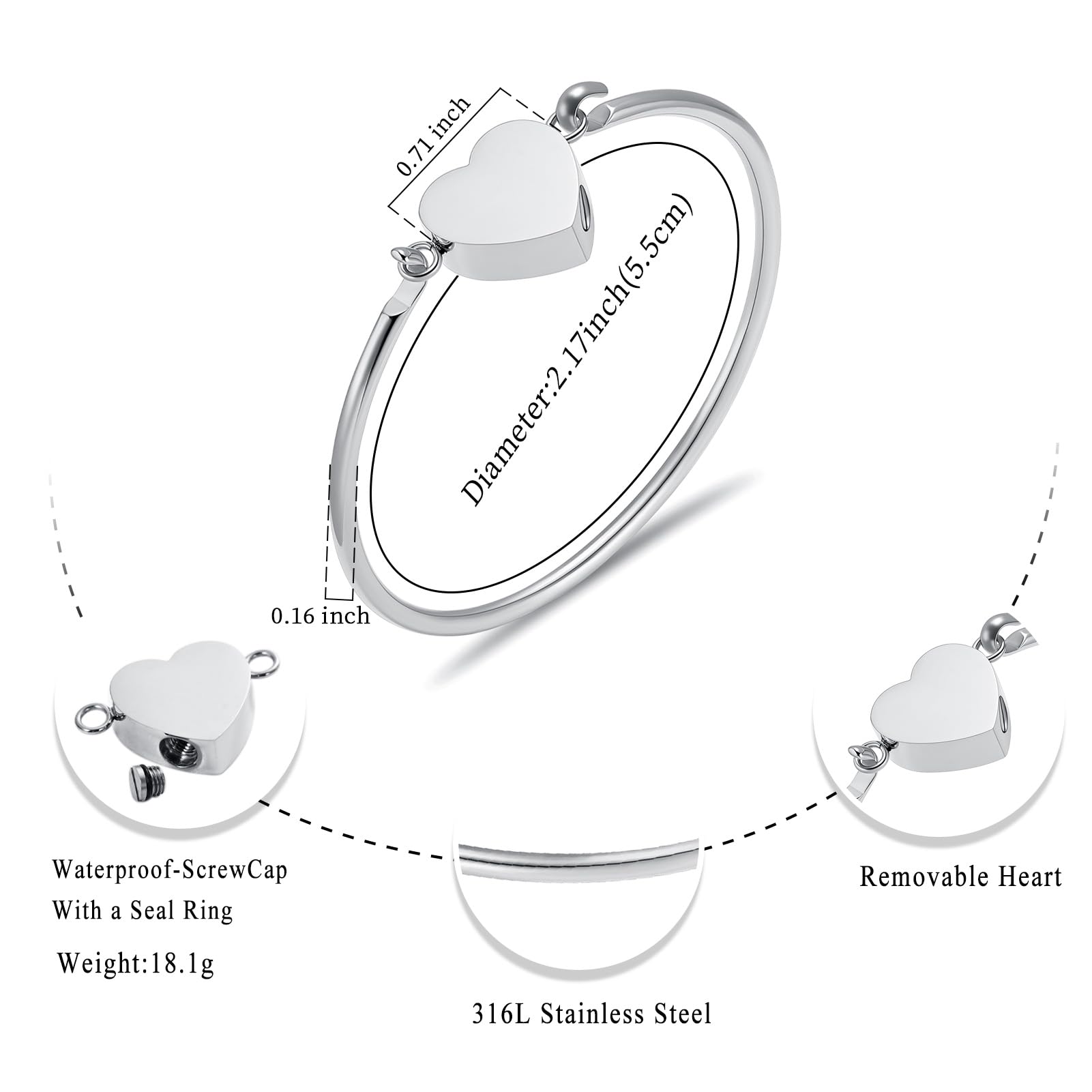 Oinsi Heart Urn Bracelet for Ashes, Cremation Jewelry Leather Bracelets for Ashes for Men Women Memorial Ashes Bracelet with Filling Kits(Silver)