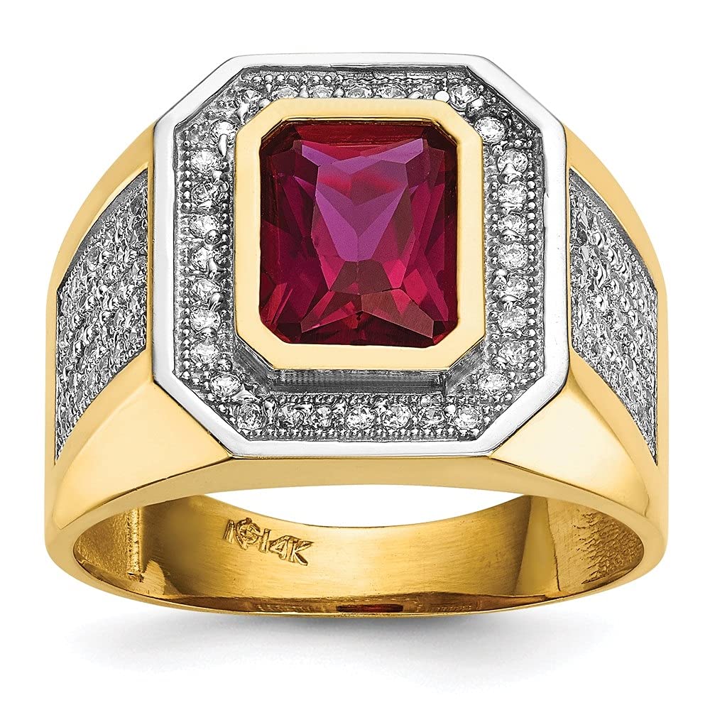 Diamond2Deal 14k Yellow Gold CZ and Emerald-Cut Red CZ Mens Ring