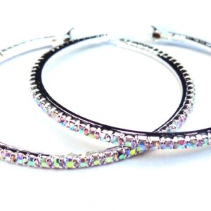 Crystal Iridescent Silver Tone Rhinestone Hoop Earrings 3 inch Hoop Earrings