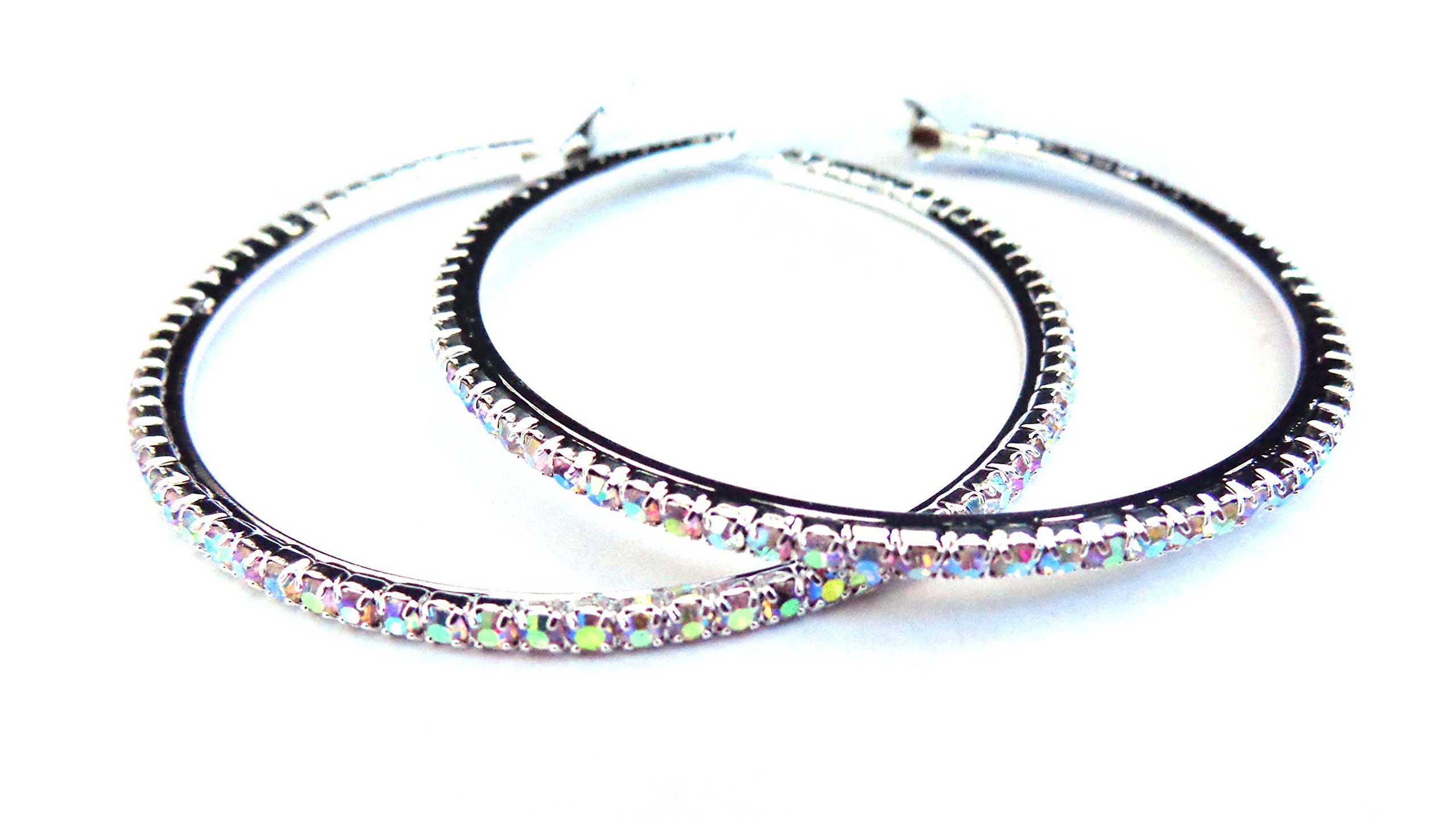 Crystal Iridescent Silver Tone Rhinestone Hoop Earrings 3 inch Hoop Earrings