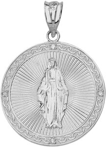 .925 sterling silver blessed virgin mary cubic zirconia accented medal pendant charm, 7/8" - large