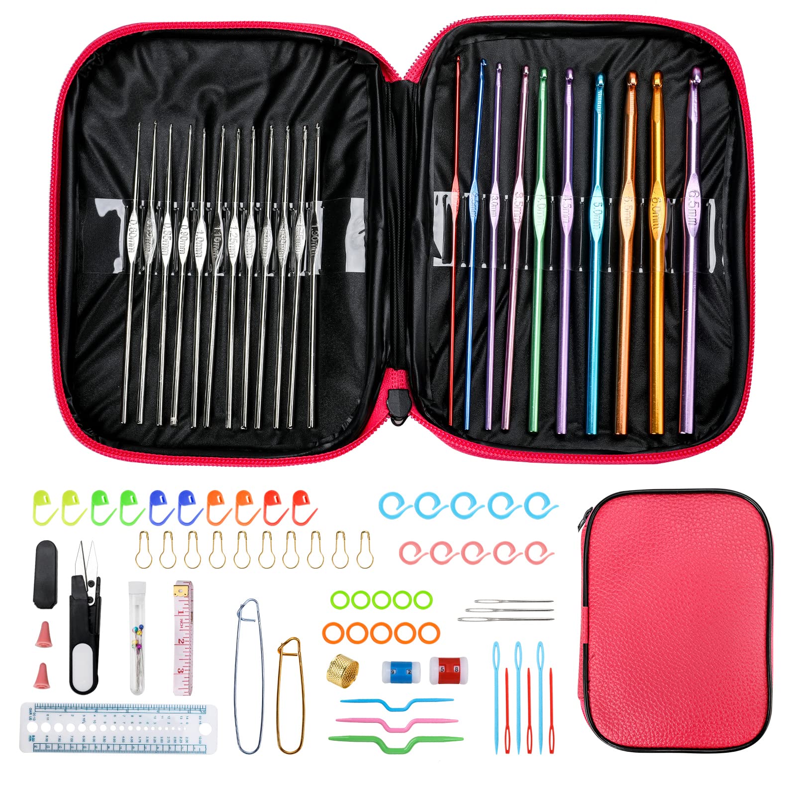 KOKNIT Crochet Hooks Set with Storage Case, Soft Grip Ergonomic Crochet Needles, Smooth Coloured Aluminum Yarn Crochet Hooks Crochet Kit with Crochet Tools Supplies and Accessories (Beginners)