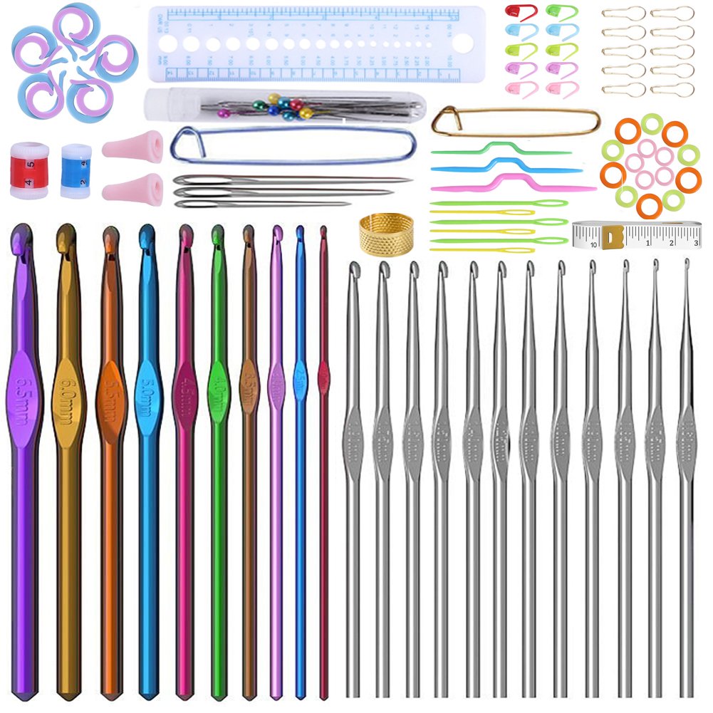 KOKNIT Crochet Hooks Set with Storage Case, Soft Grip Ergonomic Crochet Needles, Smooth Coloured Aluminum Yarn Crochet Hooks Crochet Kit with Crochet Tools Supplies and Accessories (Beginners)