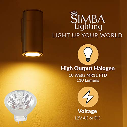 Simba Lighting 10 Watt 12 Volt MR11 Halogen Spotlight Bulbs (2 Pack) 2-Pin 110lm 30° Beam Angle for Accent, Track Light, and Fiber Optics, GU4 Bi-Pin Base, Glass Cover, Warm White 2700K Dimmable