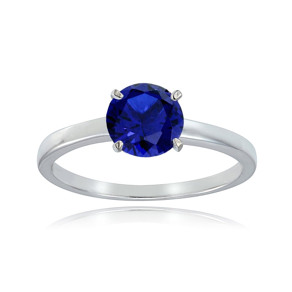 Sterling Silver Created Blue Sapphire 8mm Round Solitaire Bridal Engagement Ring, Size 9