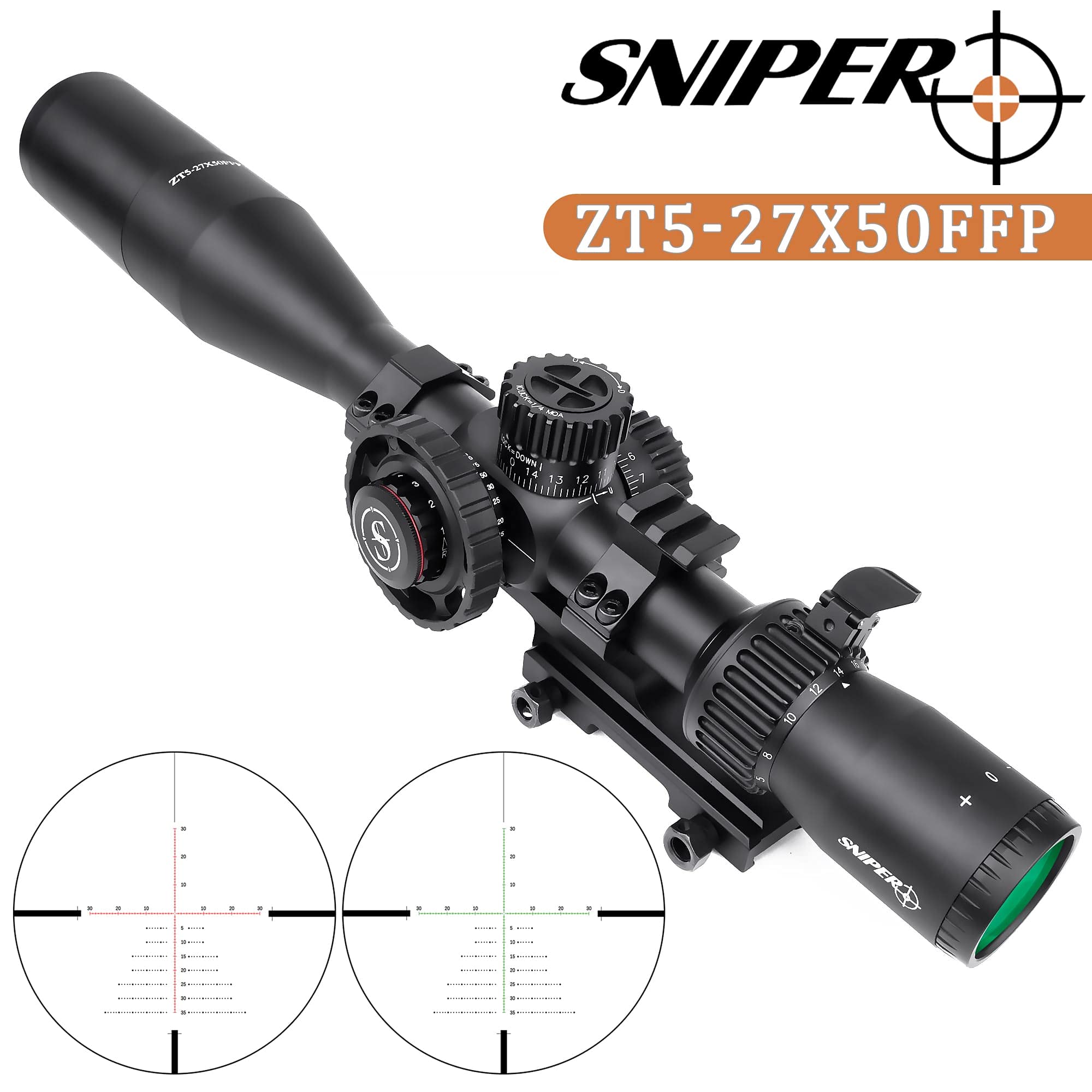 Sniper ZT 5-27x50 FFP First Focal Plane Scope Side Parallax Adjustment Glass Etched Reticle Red Green Illuminated with Scope Mount