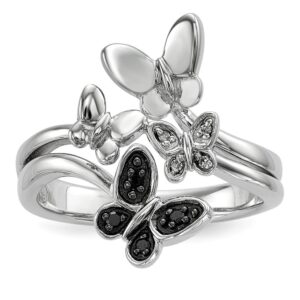 diamond2deal 925 sterling silver white and black diamond butterfly ring 7 size fine jewelry for women (0.05ct)