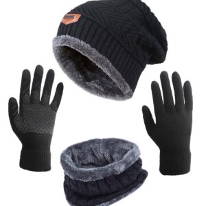 Winter Hat Scarf Gloves Slouchy Beanie Snow Knit Skull Cap Touch Screen Mittens Circle Scarves for Women Black