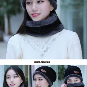 Winter Hat Scarf Gloves Slouchy Beanie Snow Knit Skull Cap Touch Screen Mittens Circle Scarves for Women Black