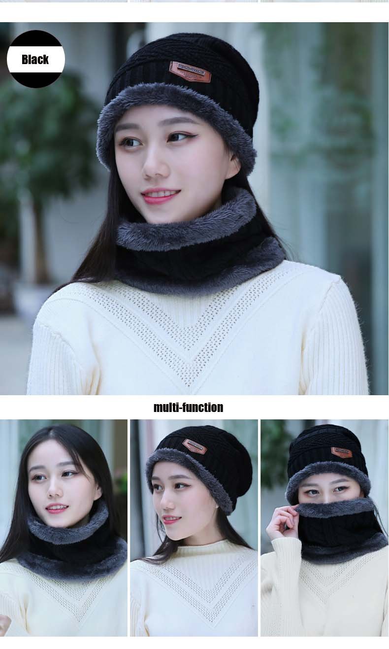 Winter Hat Scarf Gloves Slouchy Beanie Snow Knit Skull Cap Touch Screen Mittens Circle Scarves for Women Black