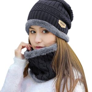 Winter Hat Scarf Gloves Slouchy Beanie Snow Knit Skull Cap Touch Screen Mittens Circle Scarves for Women Black