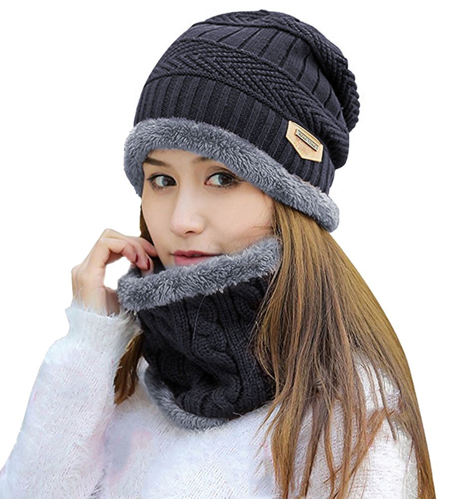 Winter Hat Scarf Gloves Slouchy Beanie Snow Knit Skull Cap Touch Screen Mittens Circle Scarves for Women Black