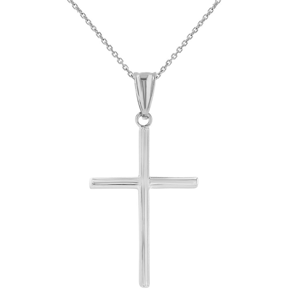 Jewelry America High Polished 14K White Gold Plain Slender Cross Pendant with Chain Necklace, 22"