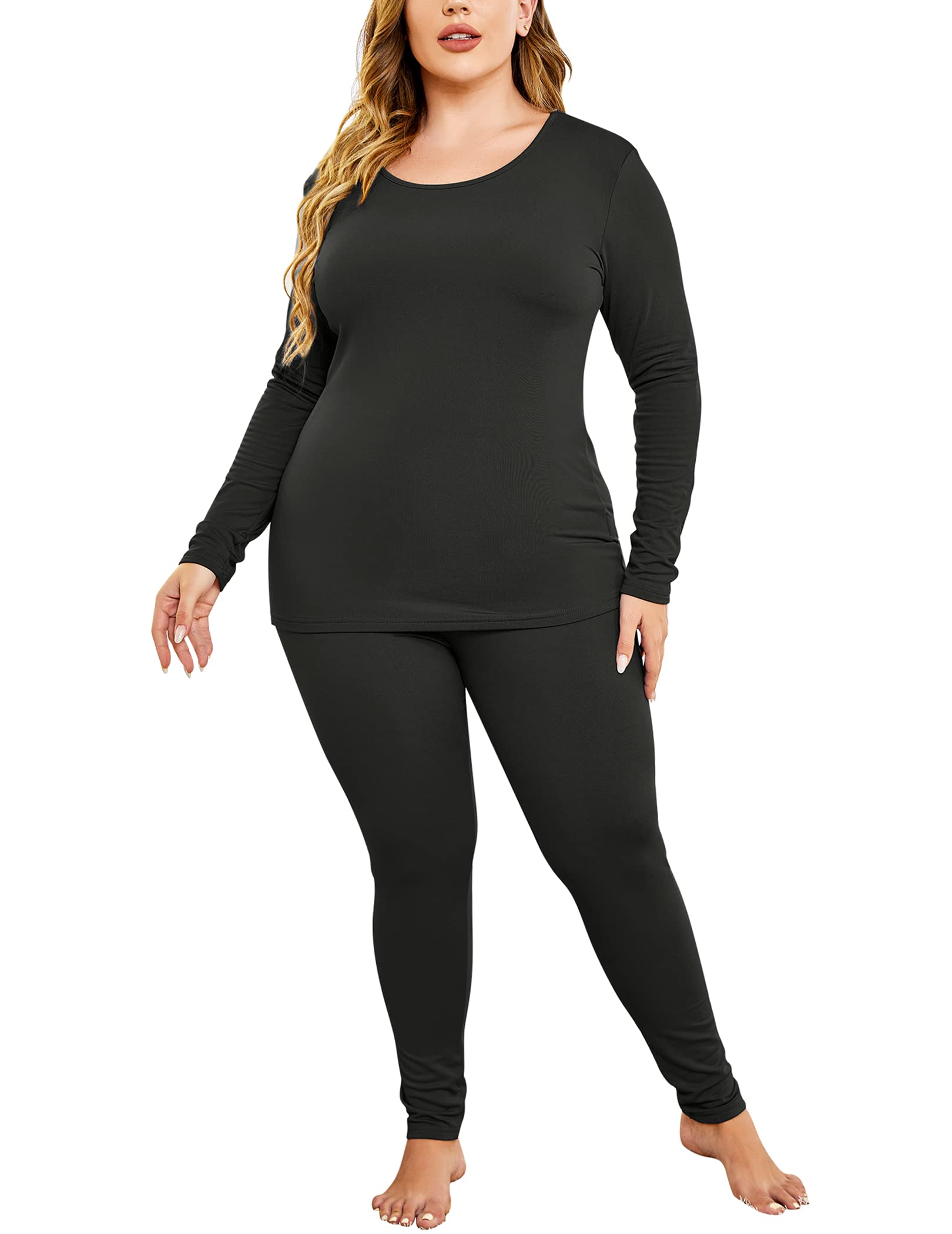 IN'VOLAND Women’s Plus Size Thermal Long Johns Sets Fleece Lined 2 Pcs Underwear Top & Bottom Pajama Set Black