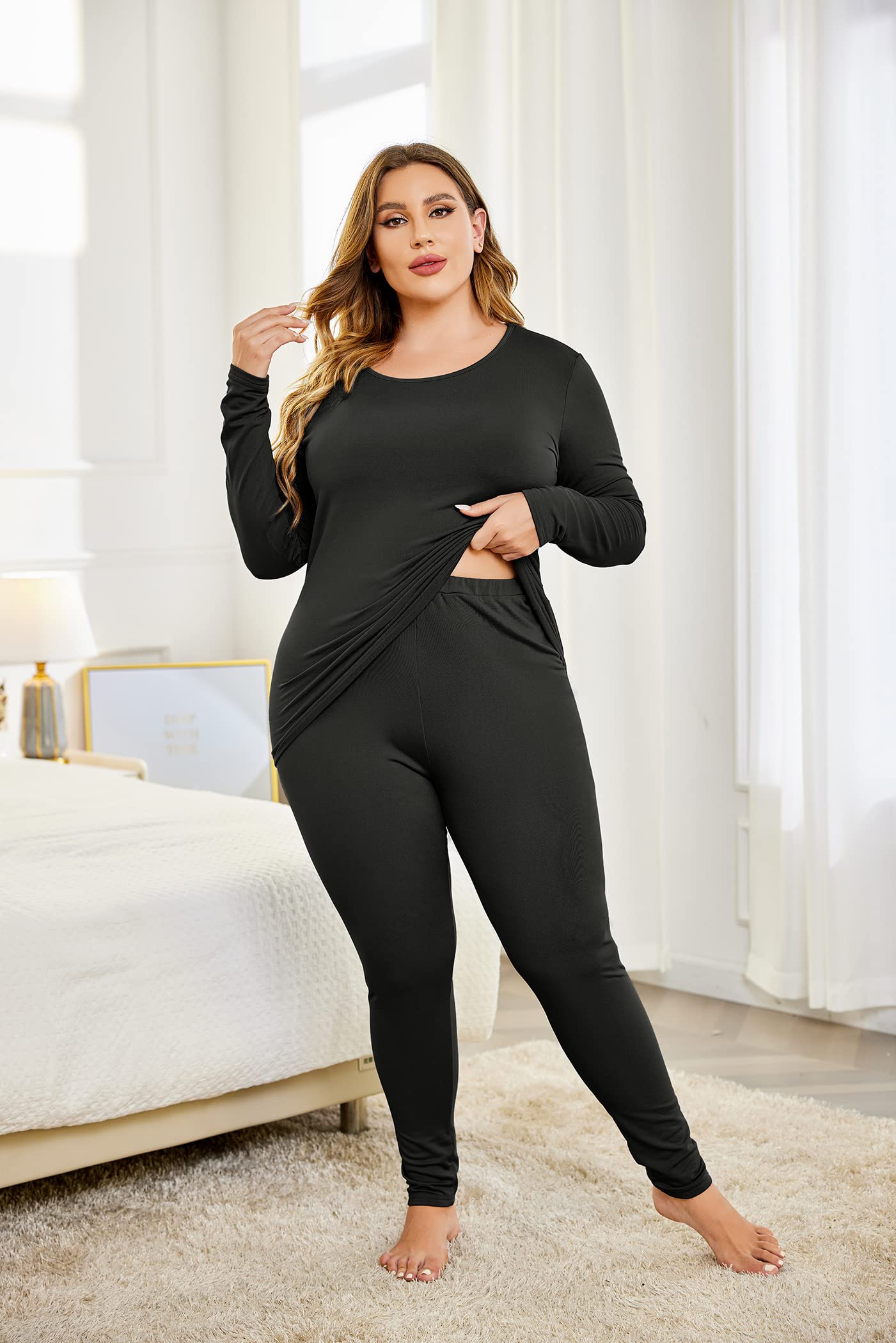 IN'VOLAND Women’s Plus Size Thermal Long Johns Sets Fleece Lined 2 Pcs Underwear Top & Bottom Pajama Set Black