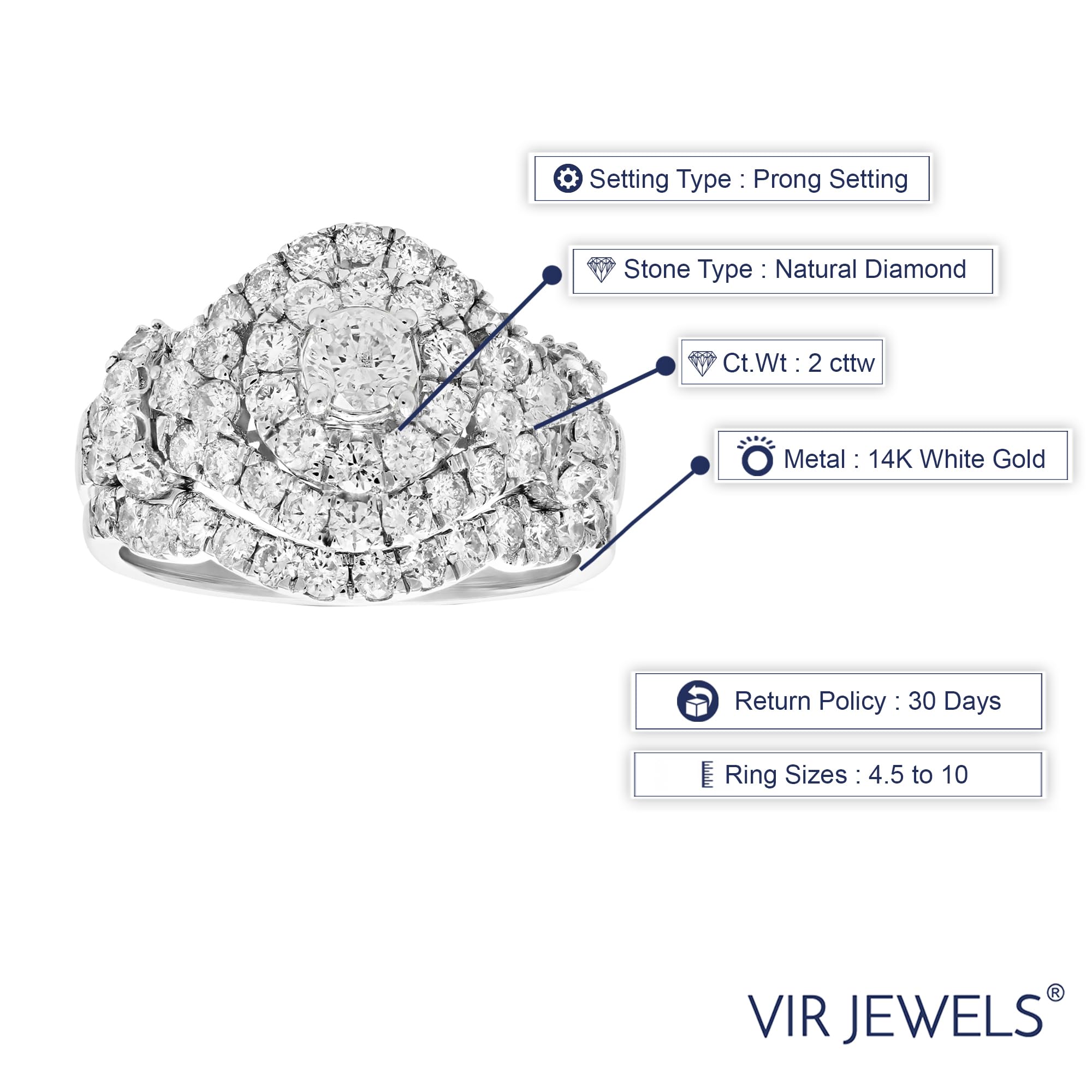 Vir Jewels 2 cttw Diamond Wedding Engagement Ring Set 14K White Gold Cluster Bridal Design Size 6