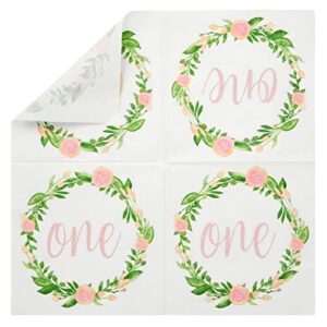 Juvale Baby Girl 1st Birthday Decorations, Floral One Year Old Party Plates, Napkins, Cups, Pink Cutlery (144 Pieces, Serves 24)