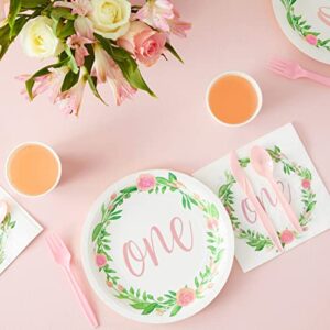 Juvale Baby Girl 1st Birthday Decorations, Floral One Year Old Party Plates, Napkins, Cups, Pink Cutlery (144 Pieces, Serves 24)