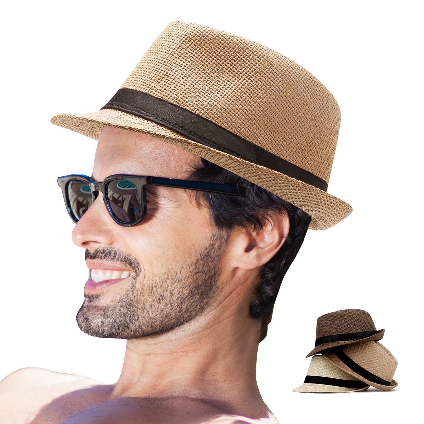 Fedora Hat Mens Fedora Hats for Men Trilby Hat Straw Sun Hat Panama Hat for Men (Pack of 3(Beige,Coffee,Khaki))