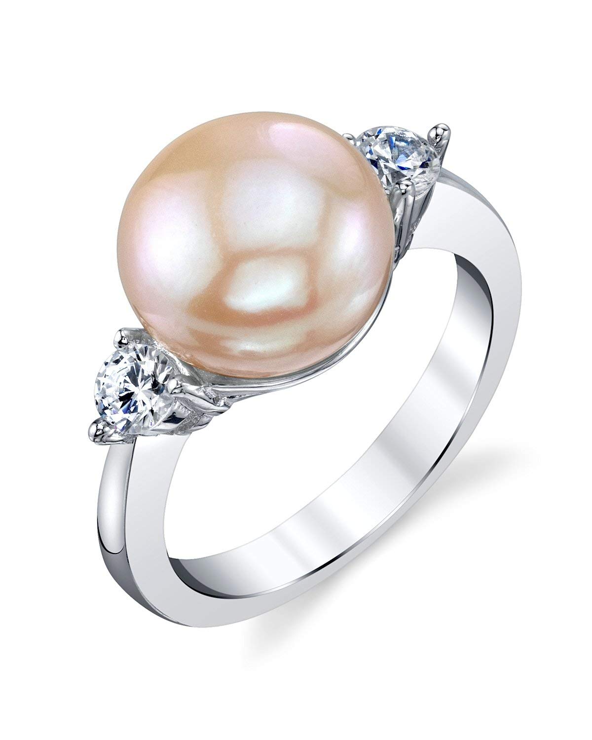 The Pearl Source 10-11mm Genuine Pink Freshwater Cultured Pearl & Cubic Zirconia Olivia Ring for Women