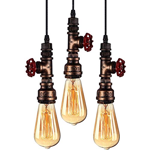 WINSOON Industrial Pendant Light, Rustic Water Pipe Pendant Light Copper Pendant Light, Steampunk Lamp Retro Antique Vintage Metal Hanging Pendant Lighting Fixture, Bronze, 3 Pack