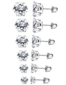 loyallook 6 pairs stainless steel clear cubic zirconia stud earring ear piercings for women 3-8mm