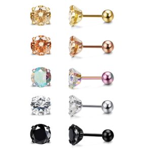 LOYALLOOK 5 Pairs Stainless Steel Cubic Zirconia Stud Earring Ear Piercings For Women 5 Colors 6mm