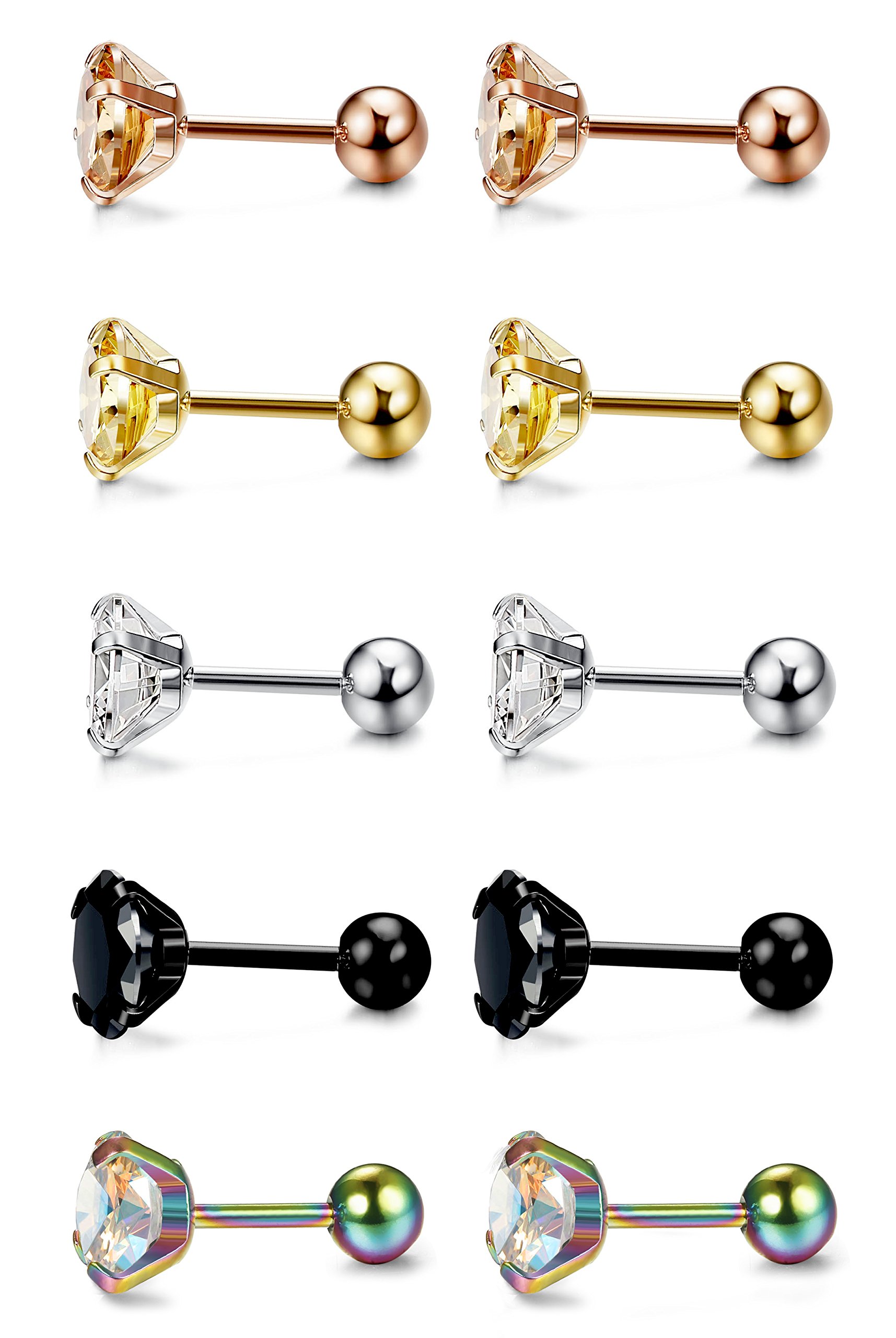 LOYALLOOK 5 Pairs Stainless Steel Cubic Zirconia Stud Earring Ear Piercings For Women 5 Colors 6mm