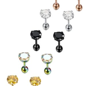 LOYALLOOK 5 Pairs Stainless Steel Cubic Zirconia Stud Earring Ear Piercings For Women 5 Colors 6mm