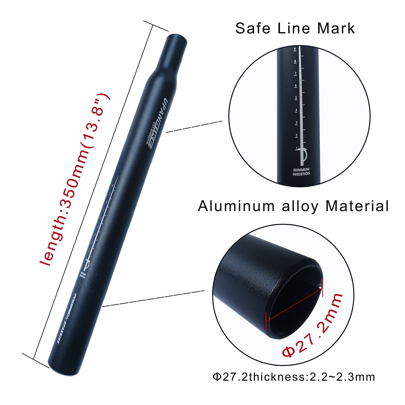 UPANBIKE Bike Seat Post Aluminum Alloy Length 350mm 25.4/27.2/28.6/30.8/31.7mm Black for Mountain Bike Road Bicycle(27.2mm)