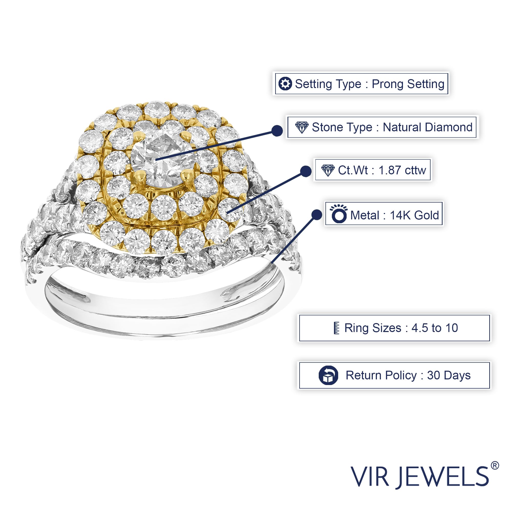 Vir Jewels 1.87 cttw Diamond Wedding Engagement Ring Set 14K Yellow Gold Bridal Size 7