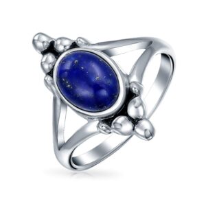 boho bali style oval statement blue lapis lazuli gemstone ring for teen split shank band oxidized .925 sterling silver