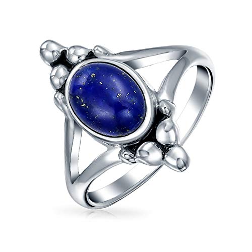 Boho Bali Style Oval Statement Blue Lapis Lazuli Gemstone Ring For Teen Split Shank Band Oxidized .925 Sterling Silver