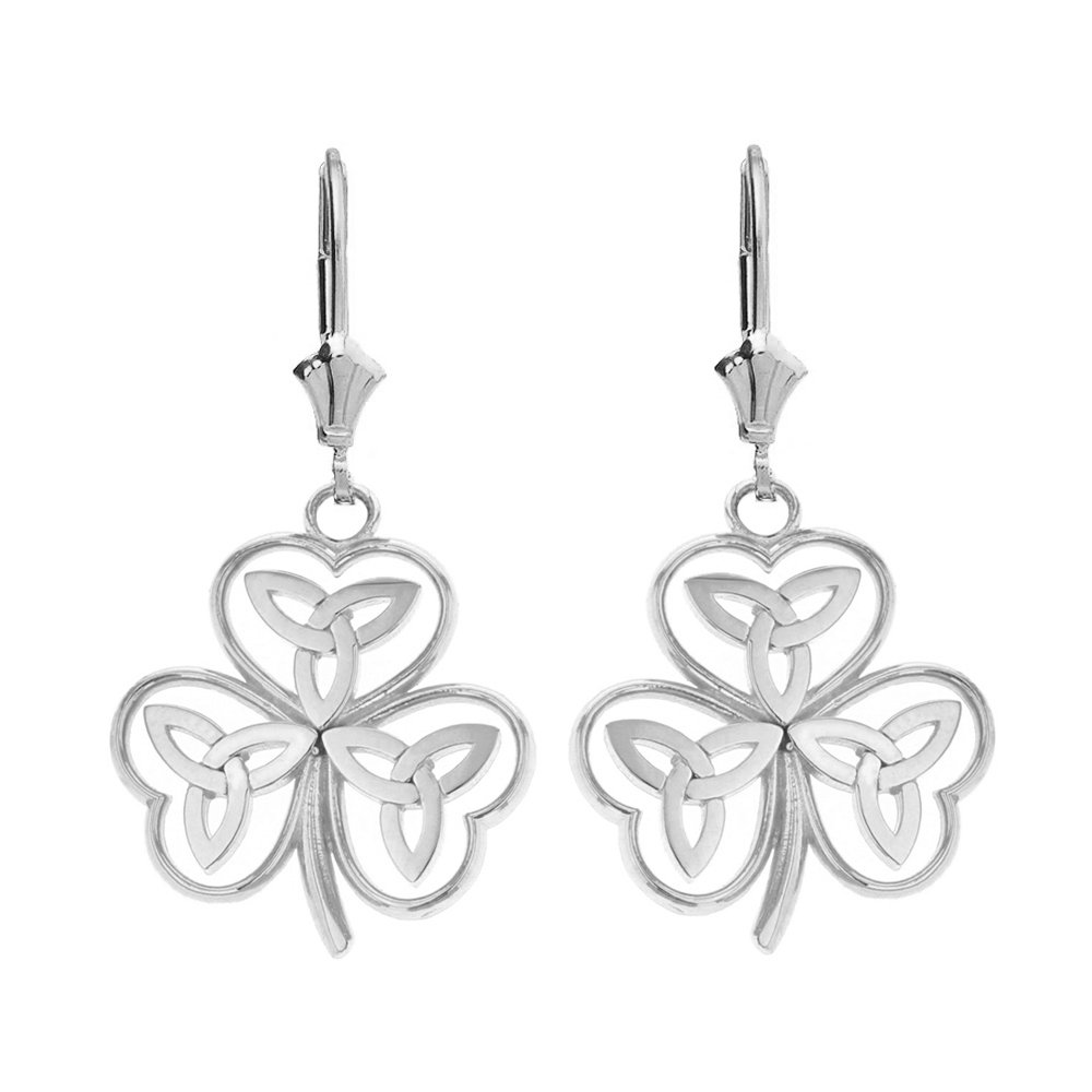 Solid 14k White Gold Irish Shamrock Earrings with Celtic Trinity Knot