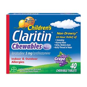 claritin children's chewables 24 hour allergy relief, non drowsy kids allergy medicine, grape antihistamine chewable tablets, for children 2 years and older, 40 count