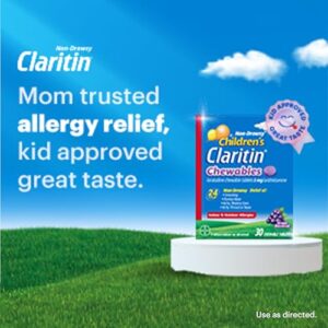 Claritin Children's Chewables 24 Hour Allergy Relief, Non Drowsy Kids Allergy Medicine, Grape Antihistamine Chewable Tablets, For Children 2 Years and Older, 40 Count