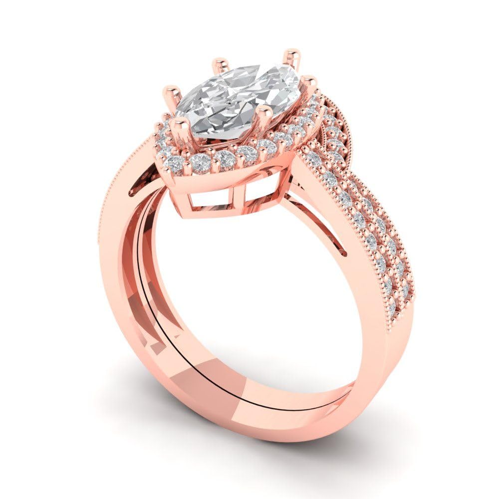 2.48 Carat Marquise Cut Clear VVS1 Ideal Zircon 14k Rose Gold Halo W/Accents Wedding Anniversary Bridal Ring Set Size 5