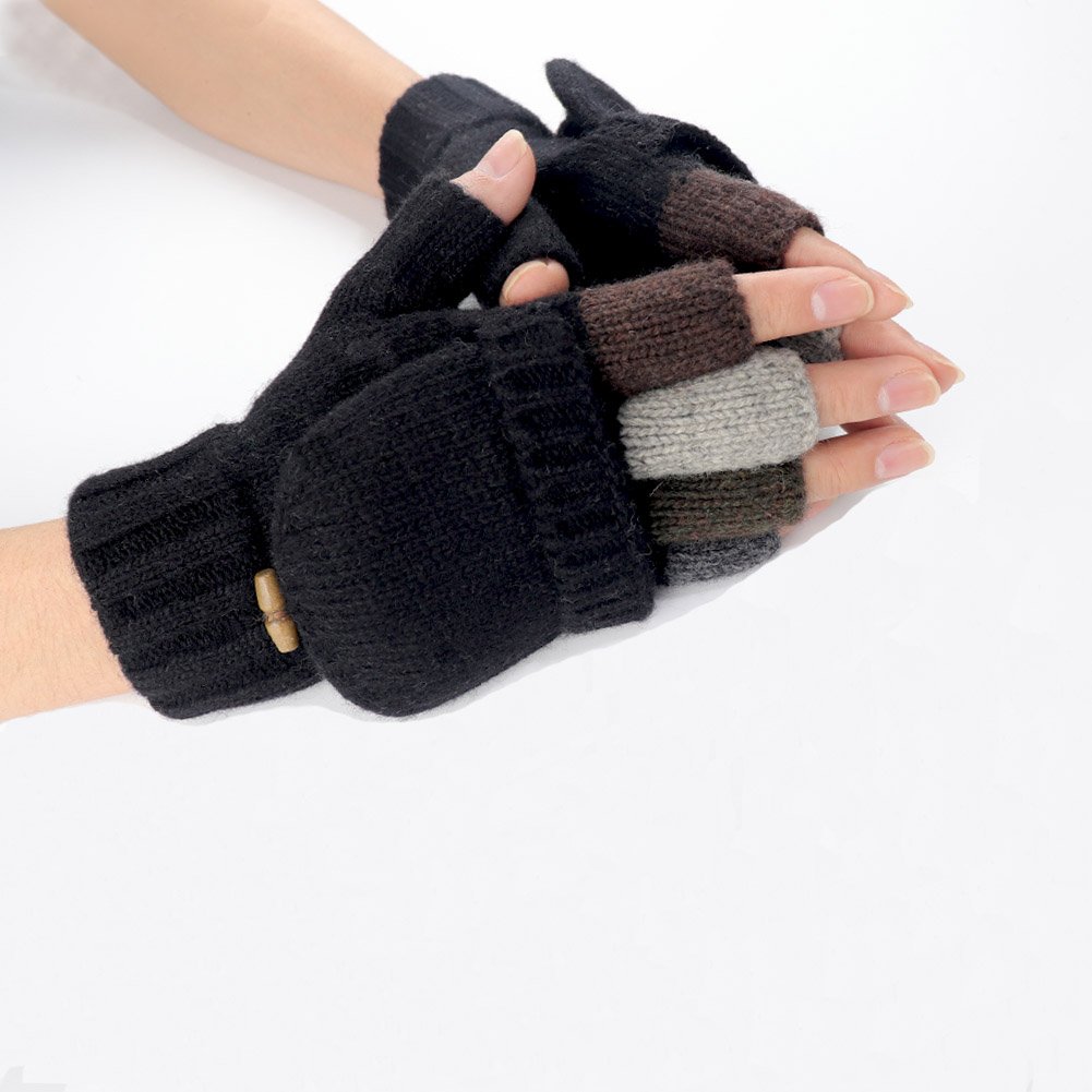 Akayboya Winter Warm Knitted Fingerless Gloves Convertible Wool Gloves with Mittens Cover for Women and Men