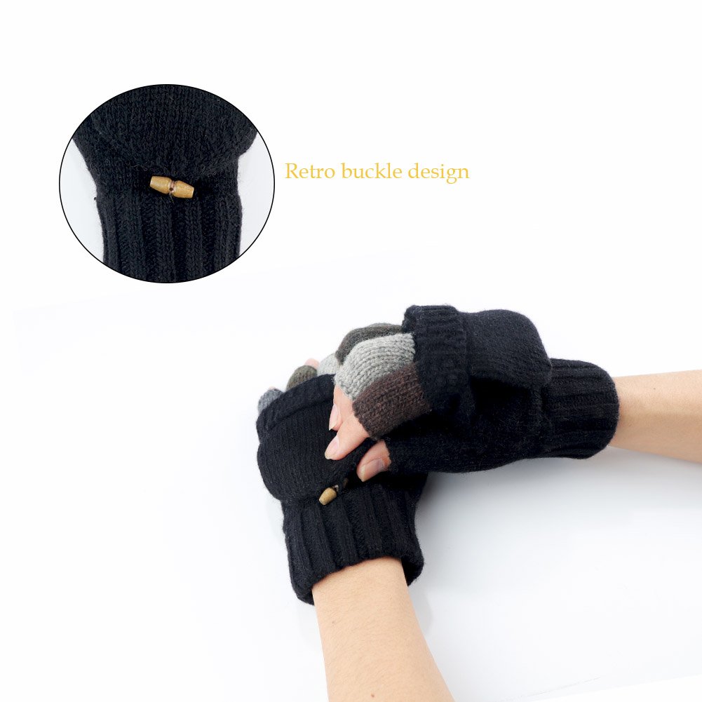 Akayboya Winter Warm Knitted Fingerless Gloves Convertible Wool Gloves with Mittens Cover for Women and Men