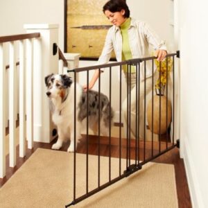 north states mypet windsor walk thru pet gate: 28.68" - 47.85" wide dog gate. hardware mount, dog gates for the house, cat gate for doorway. 31" tall, matte bronze