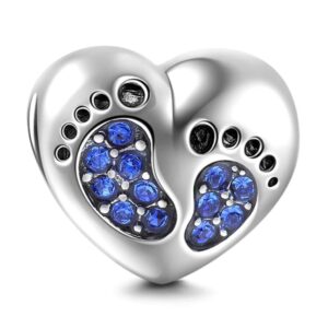 soukiss footprint heart charm 925 sterling silver christmas family love bead baby first steps charm for bracelet (sapphire)