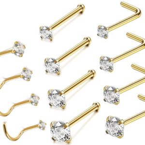 rebel mettle nose rings studs set | 316l stainless steel | 21 gauge | piercing body jewelry [gold] w/round cz cubic zirconia crystals [cz size 1.5mm 2mm 2.5mm 3mm]