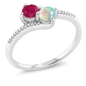 gem stone king 10k white gold forever united 2 stone red ruby and white simulated opal and diamond engagement ring for women (0.72 cttw, round, avaiable in size 5,6,7,8,9)