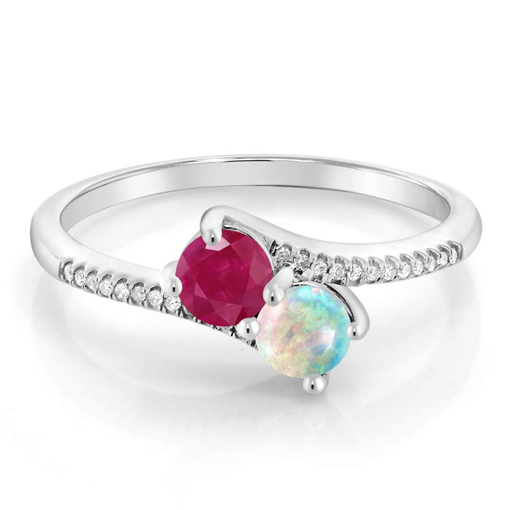 Gem Stone King 10K White Gold Forever United 2 Stone Red Ruby and White Simulated Opal and Diamond Engagement Ring For Women (0.72 Cttw, Round, Avaiable in Size 5,6,7,8,9)