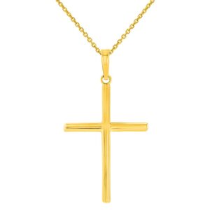 jewelry america high polished 14k yellow gold plain slender cross pendant with chain necklace, 16"