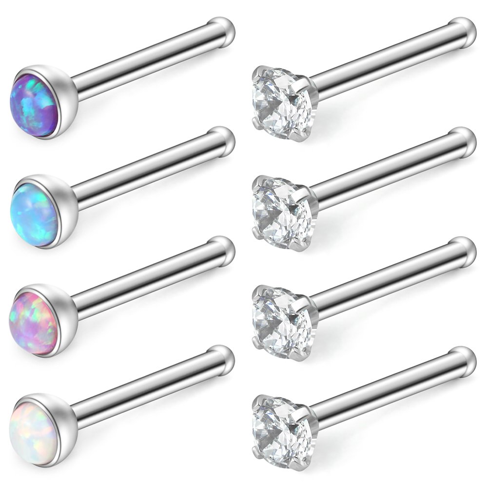 Ruifan 20G 316L Surgical Steel 2.5mm Mix Color Jeweled Opal & Clear CZ Nose Bone Rings Studs Ring Body Piercing Jewelry 8PCS