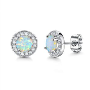 white gold plated opal stud earrings for women and girl,cubic zirconia halo opal jewelry for women(sparkly round -shape)