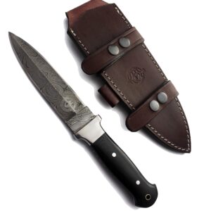 wolfklinge damascus steel bowie knife for outdoor enthusiasts use for hunting,camping,surviavl,bushcrafting and fishing- full tang micarta handle spear point blade with cowhide-leather sheath dcx17-57