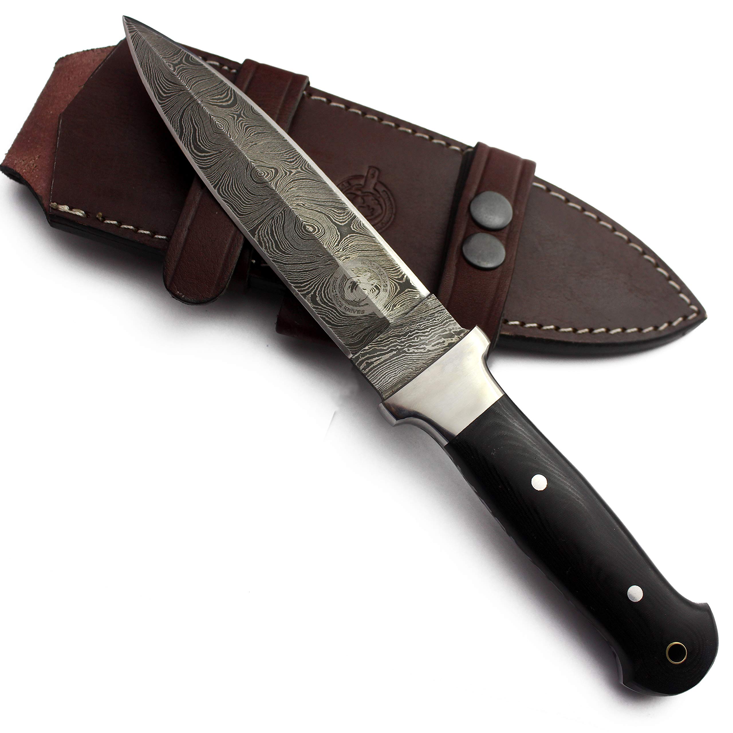 Wolfklinge Damascus Steel Bowie Knife for Outdoor Enthusiasts use for Hunting,Camping,Surviavl,Bushcrafting and Fishing- Full Tang Micarta Handle Spear point Blade with Cowhide-Leather Sheath DCX17-57