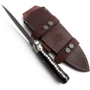 Wolfklinge Damascus Steel Bowie Knife for Outdoor Enthusiasts use for Hunting,Camping,Surviavl,Bushcrafting and Fishing- Full Tang Micarta Handle Spear point Blade with Cowhide-Leather Sheath DCX17-57